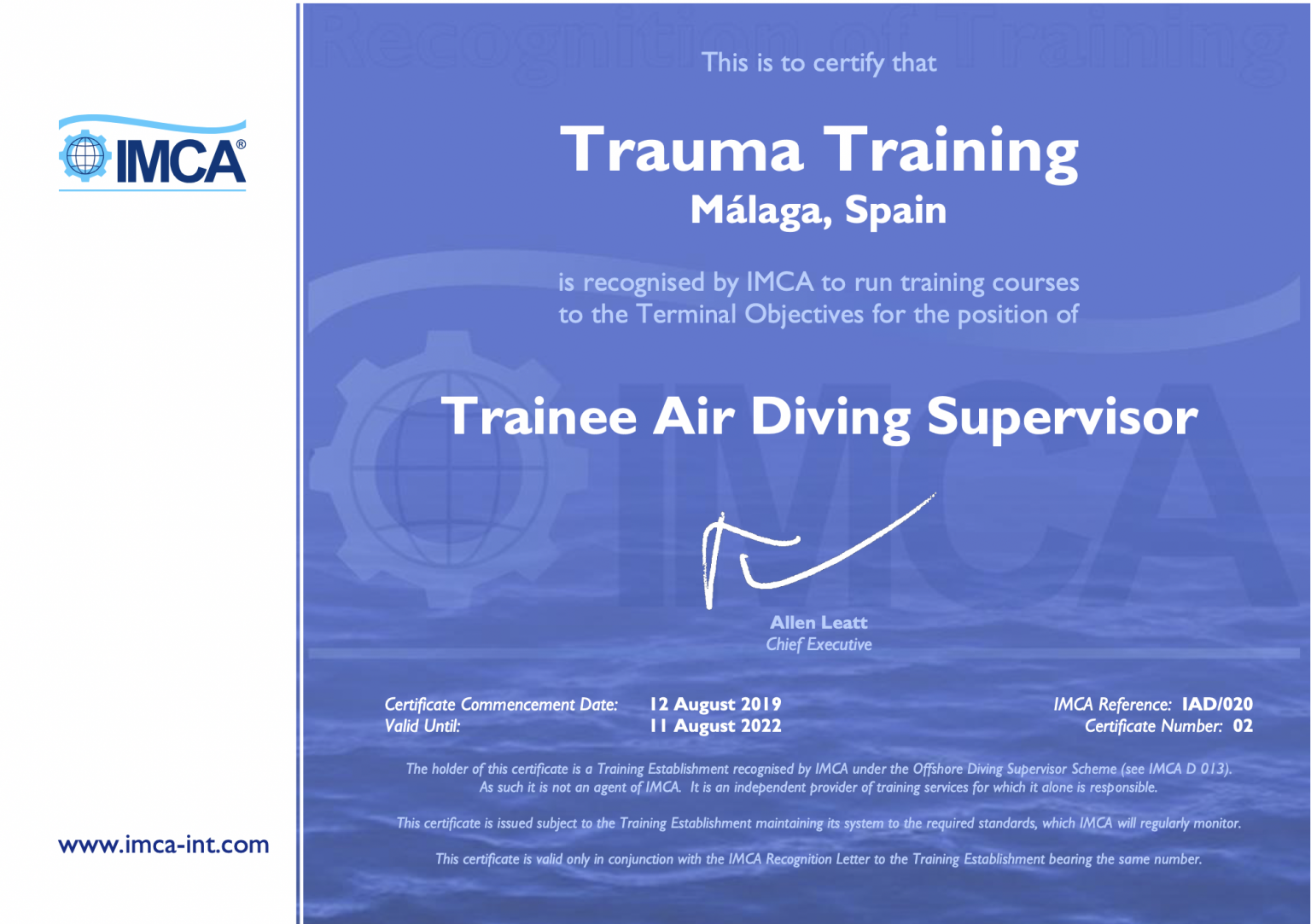 IMCA Trainee Air Diving Supervisors (TADS) Course (E-Learning) - Trauma ...